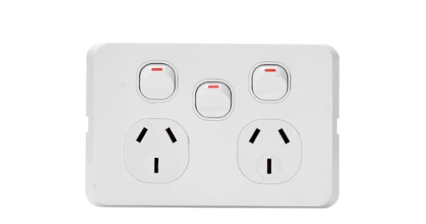 Bevelled Edge Double GPO with Extra Switch WHITE